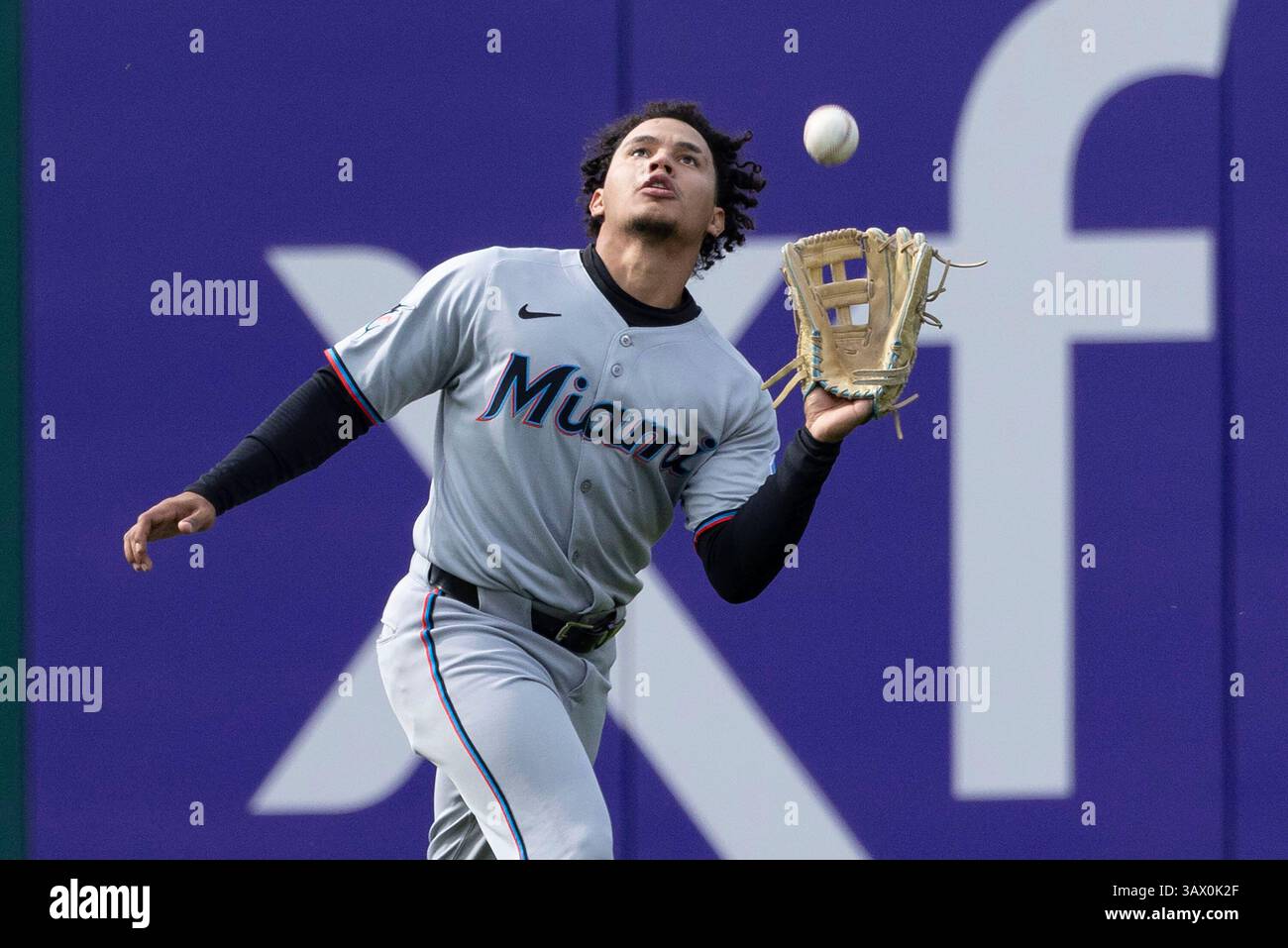 Miami Marlins left fielder Javier Sanoja (46) catches a fly from ...