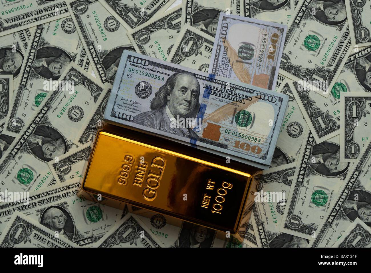 Gold bar vs dollars bills. Saving finance. Dollars vs gold bar. Saving ...