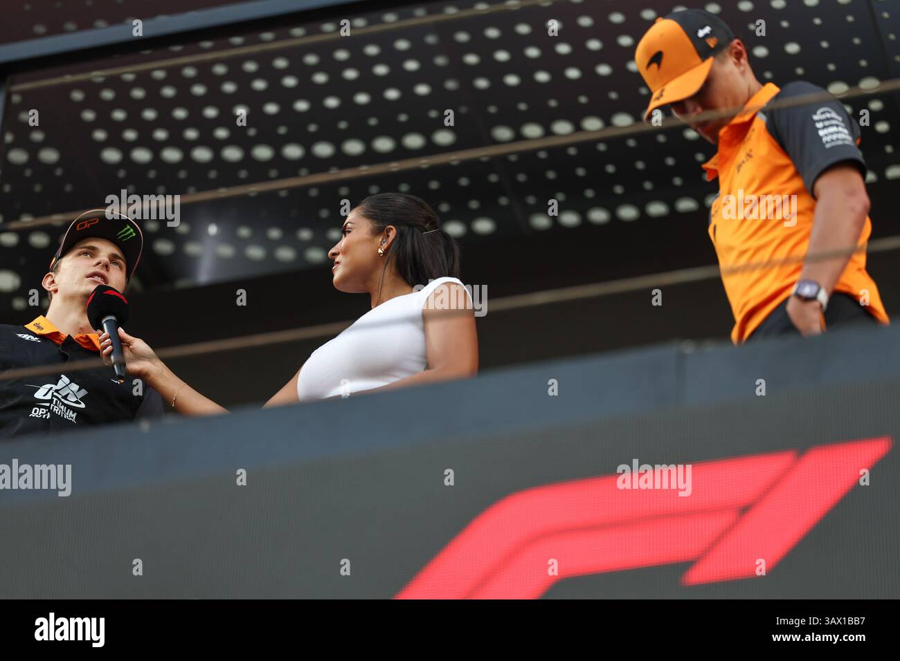 JEDDAH, SAUDI ARABIA - APRIL 20: Oscar Piastri of Australia and McLaren F1 Team talks to F1 ...