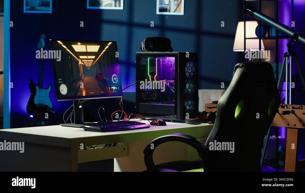Professional gaming empty room studio with neon lights and RGB lit ...