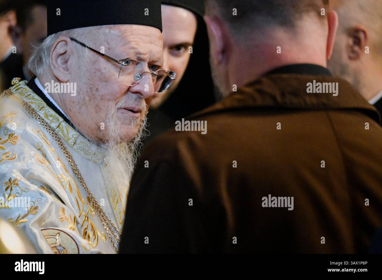 The Ecumenical Patriarch Bartholomew I (L) seen talking during the celebration. The Ecumenical ...