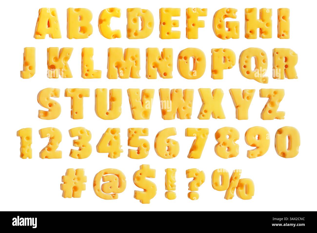 Swiss Cheese Font Alphabet Letters, Numbers and Symbols on a white ...