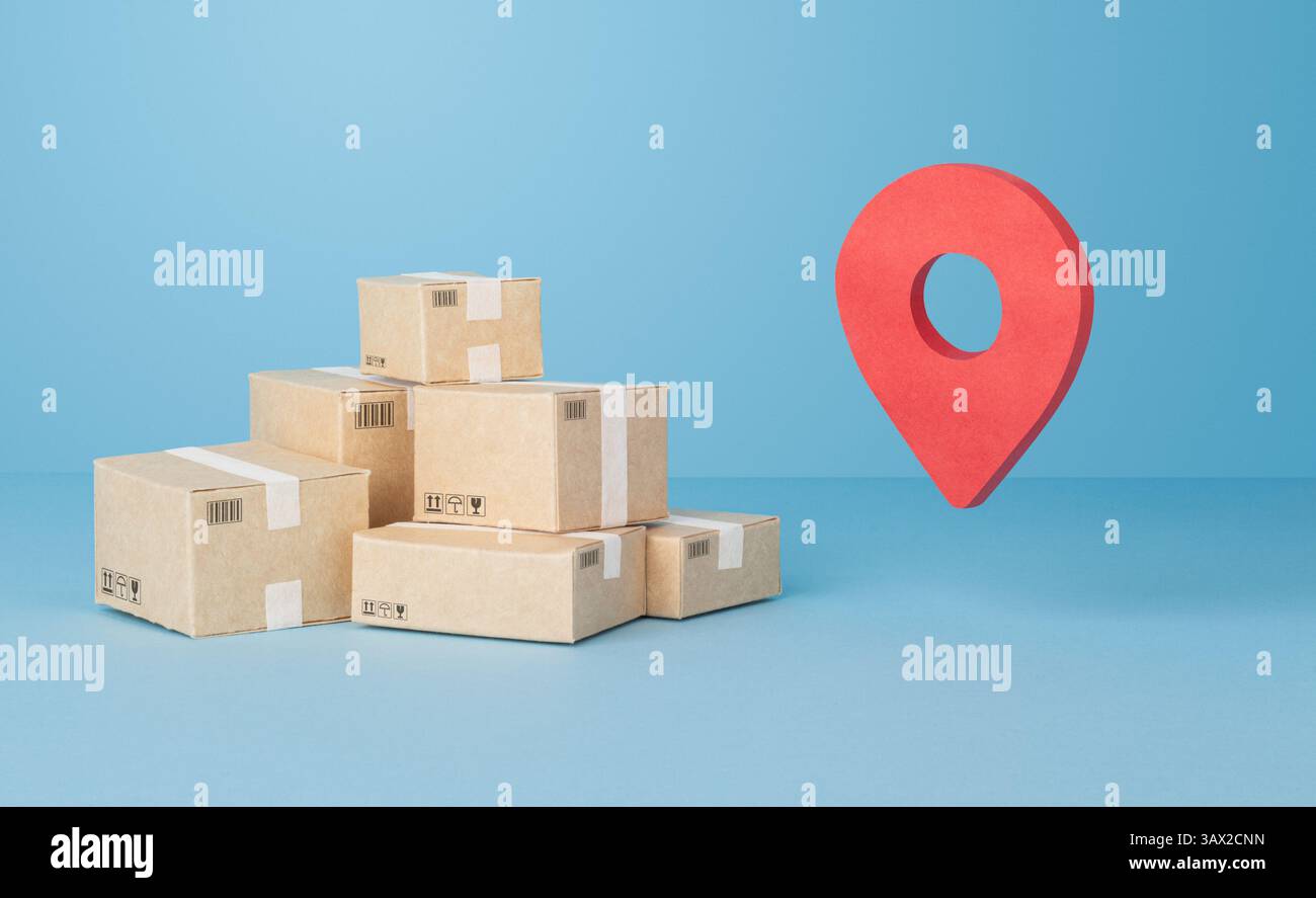 Stack of Delivery Boxes and Red Location Pin on Blue Background Stock ...