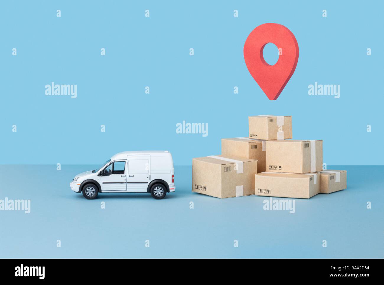 White delivery van with cardboard boxes and red pin icon on blue ...