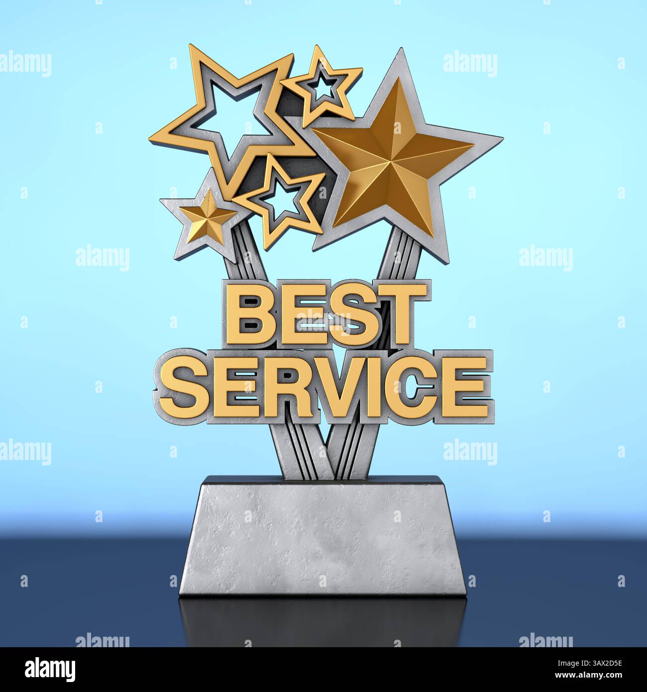 Golden Best Service Business Award Trophy on a blue background. 3d ...