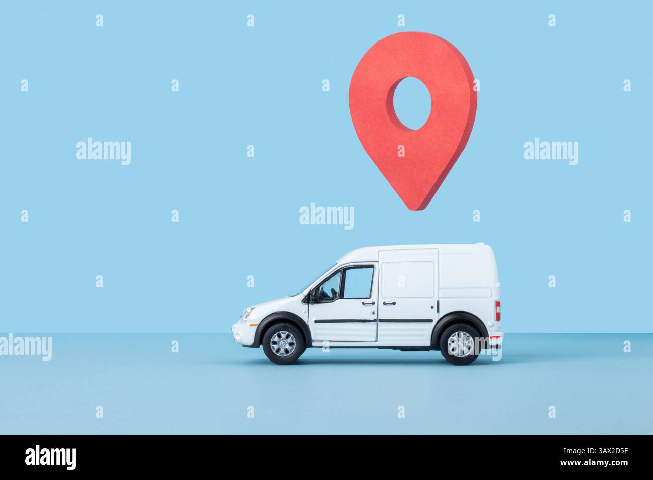 white delivery van with a red location pin icon overhead, emphasizing ...