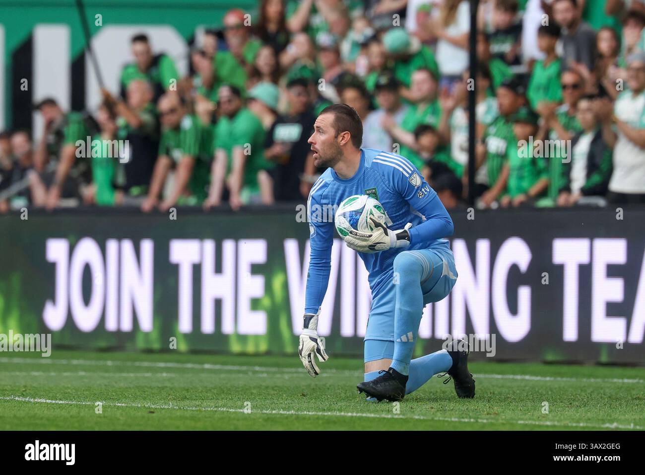 AUSTIN, TX - APRIL 19: Austin FC goalkeeper Brad Stuver (1) kneels down ...
