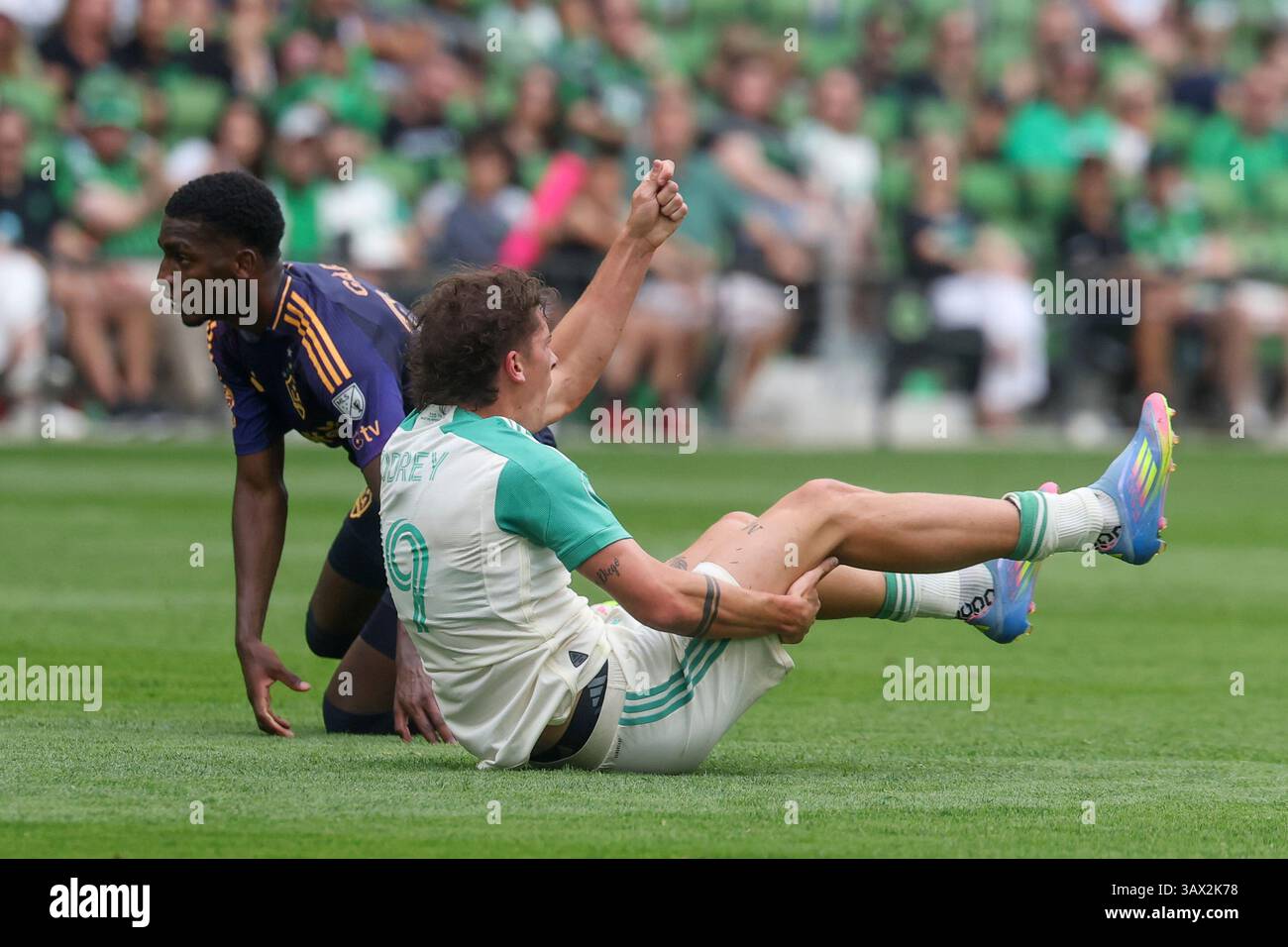 AUSTIN, TX - APRIL 19: Austin FC forward CJ Fodrey (19) looks for a ...