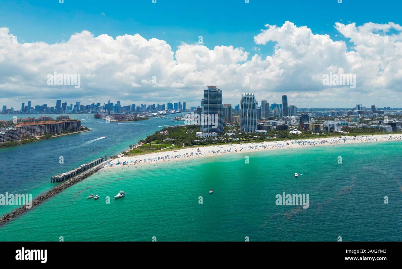 Aerial view of Miami Beach with turquoise waters. Drone shot of Miami ...