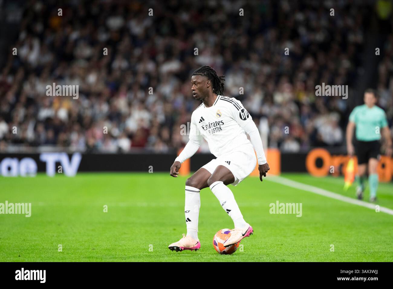 MADRID, SPAIN - April 20: Eduardo Camavinga of Real Madrid controls the ...