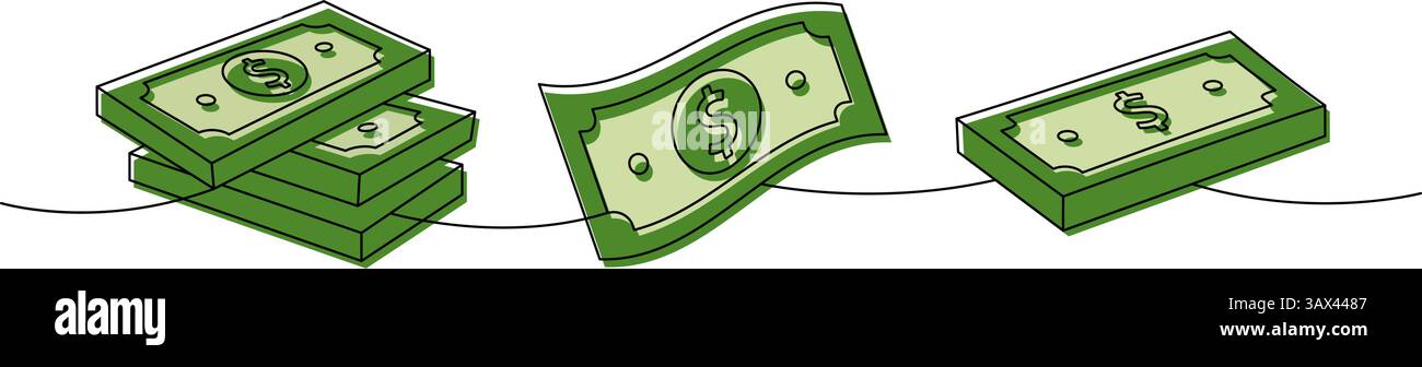 Set of dollar bills stacks one line colored continuous drawing. Money ...