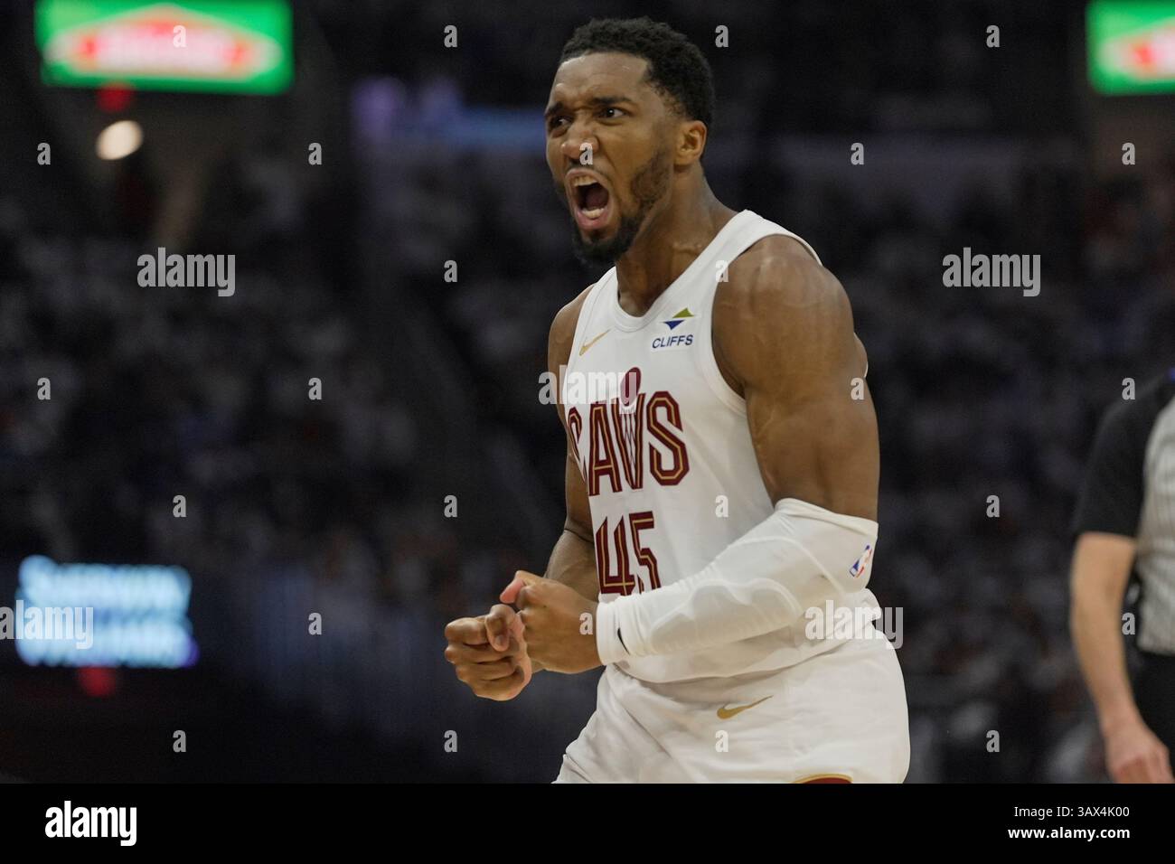Cleveland Cavaliers guard Donovan Mitchell (45) reacts in the first ...