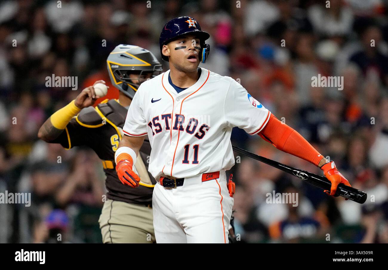 Houston Astros' Cam Smith (11) reacts after striking out against San ...