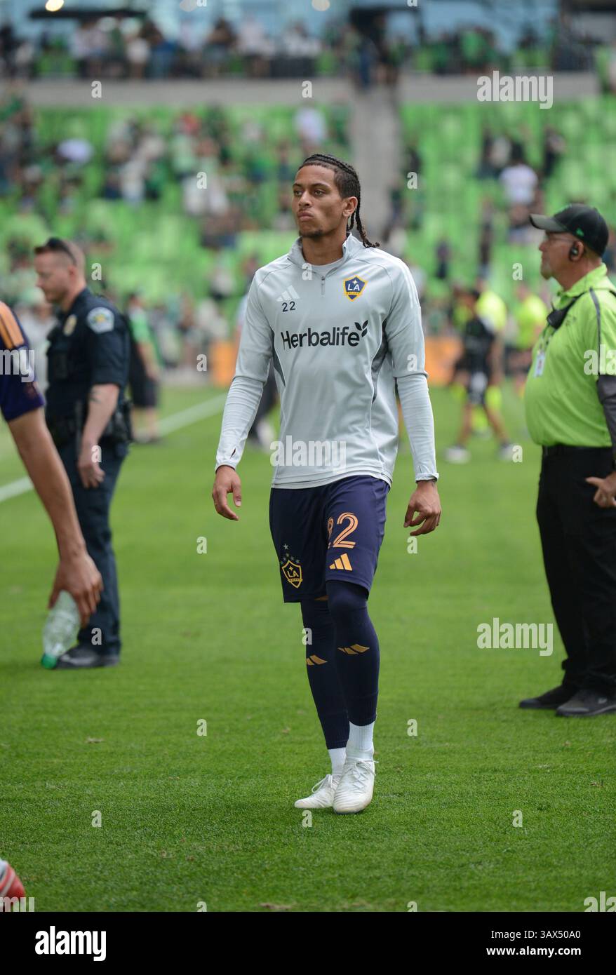 AUSTIN, TX - April 19:LA Galaxy midfielder Elijah Wynder heads to the ...