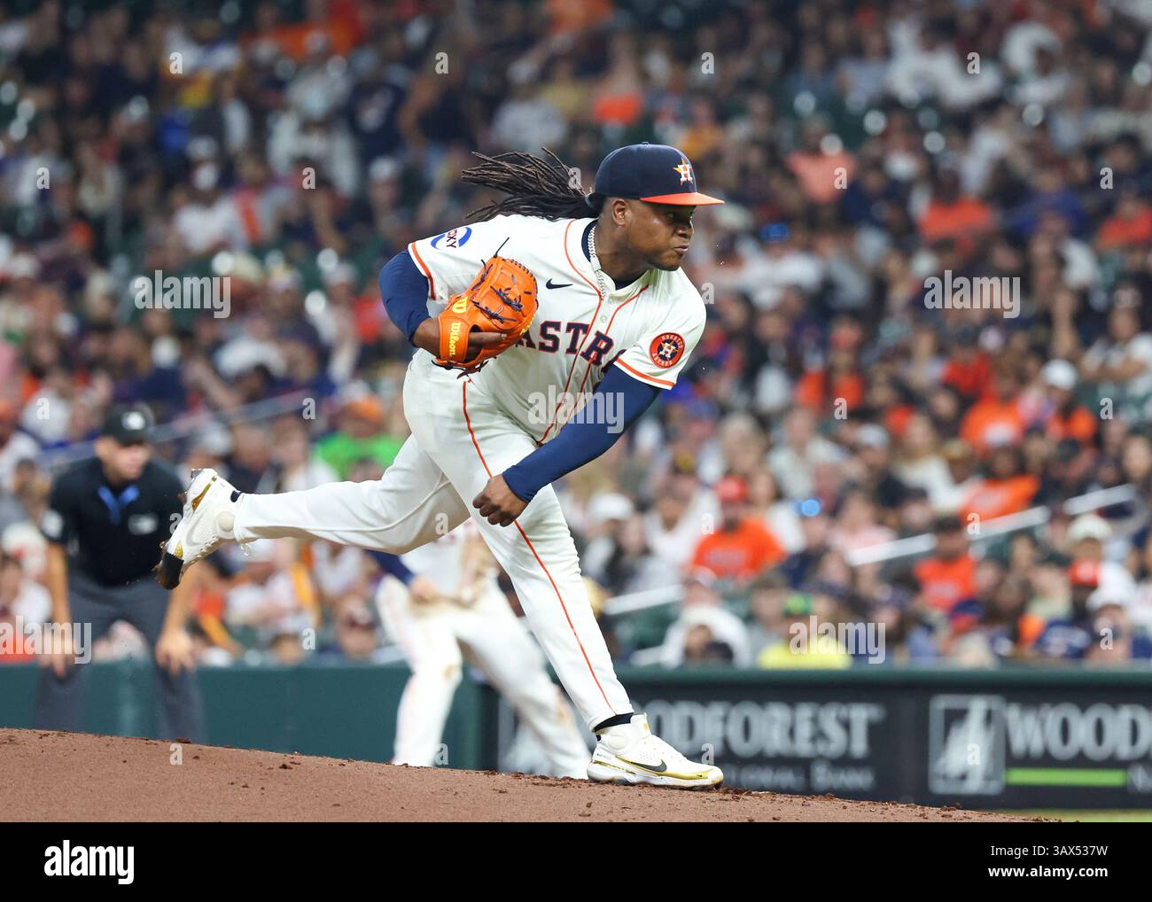 HOUSTON, TX - APRIL 20: Houston Astros starting pitcher Framber Valdez (59) watches his pitch in ...