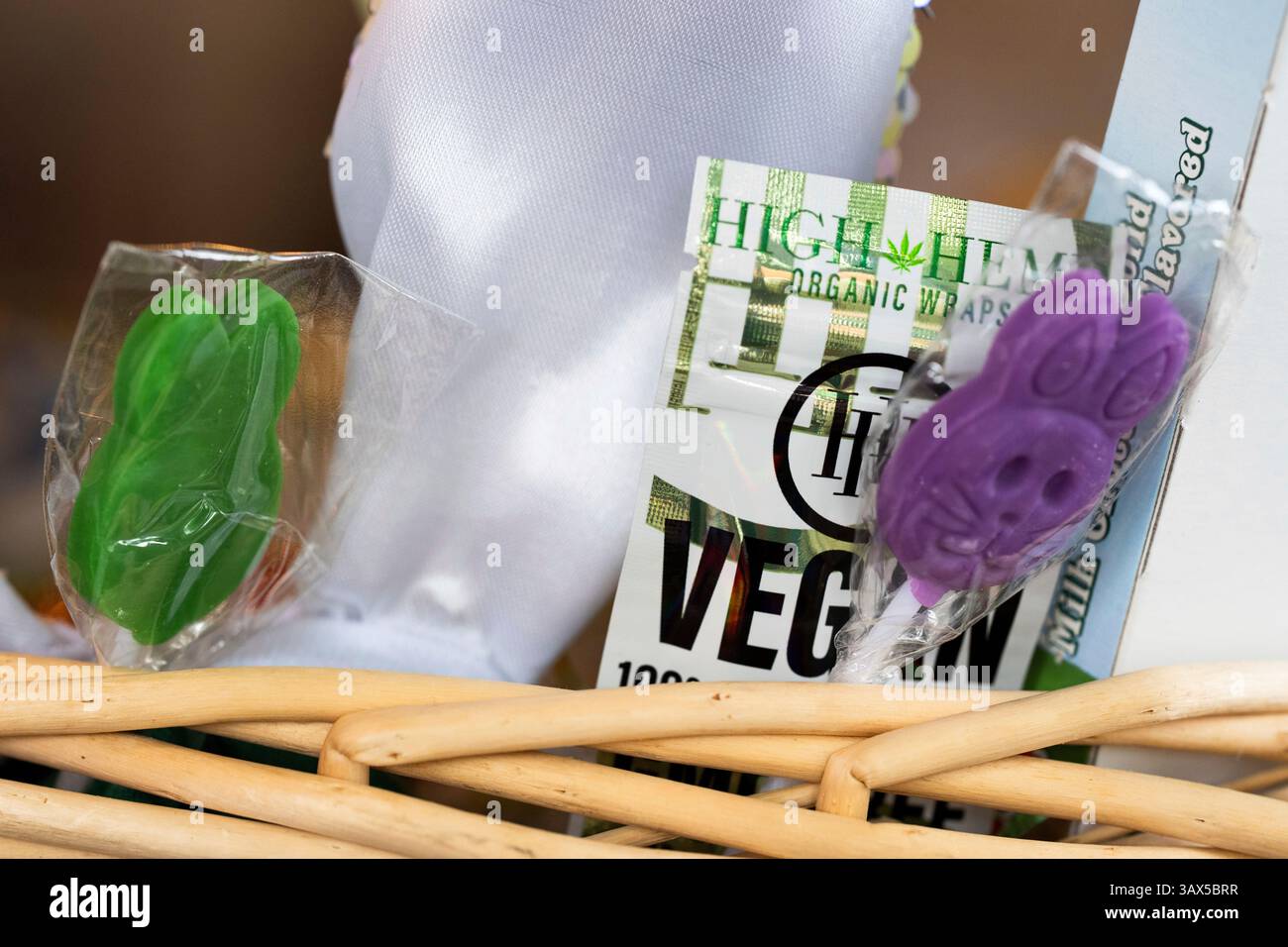 An Easter give away basket is seen with hemp wraps during a "blaze and ...