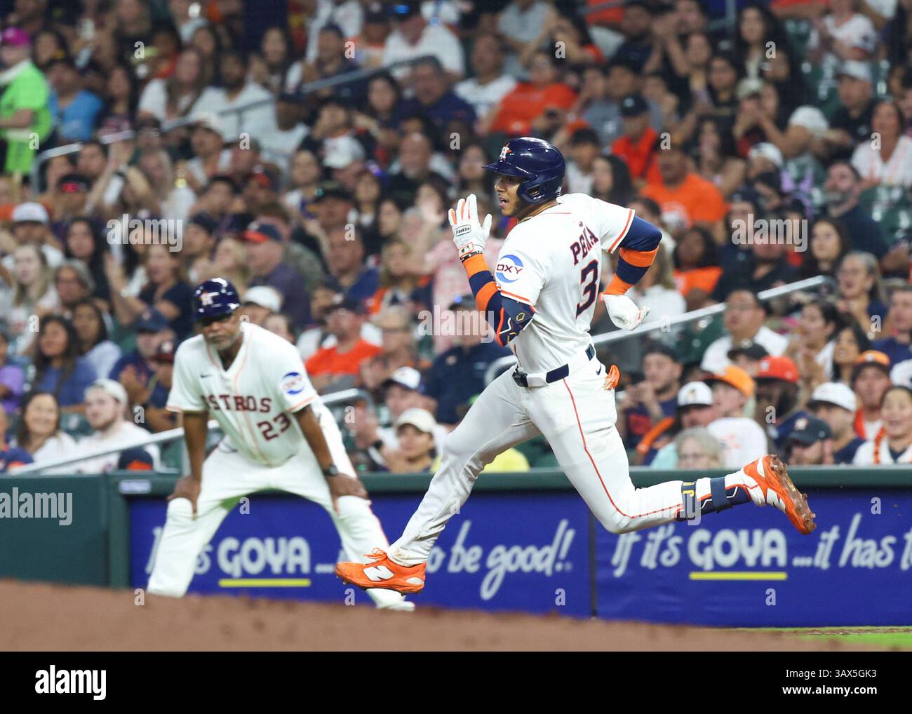 HOUSTON, TX - APRIL 20: Houston Astros shortstop Jeremy Peña (3) hits a ...