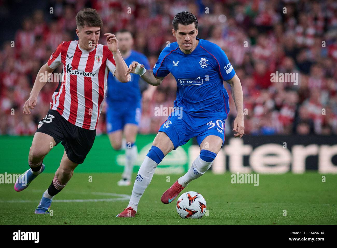 Bilbao, Spain. 17th Apr, 2025. Athletic Club's Mikel Jauregizar (l) and ...