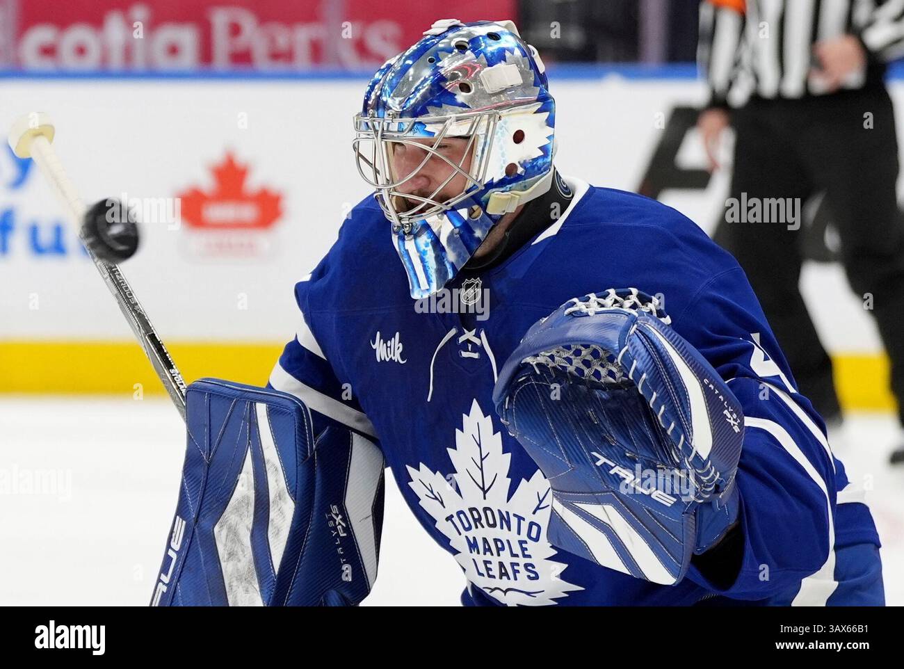 Toronto Maple Leafs' goaltender Anthony Stolarz (41) makes a save against the Ottawa Senators ...