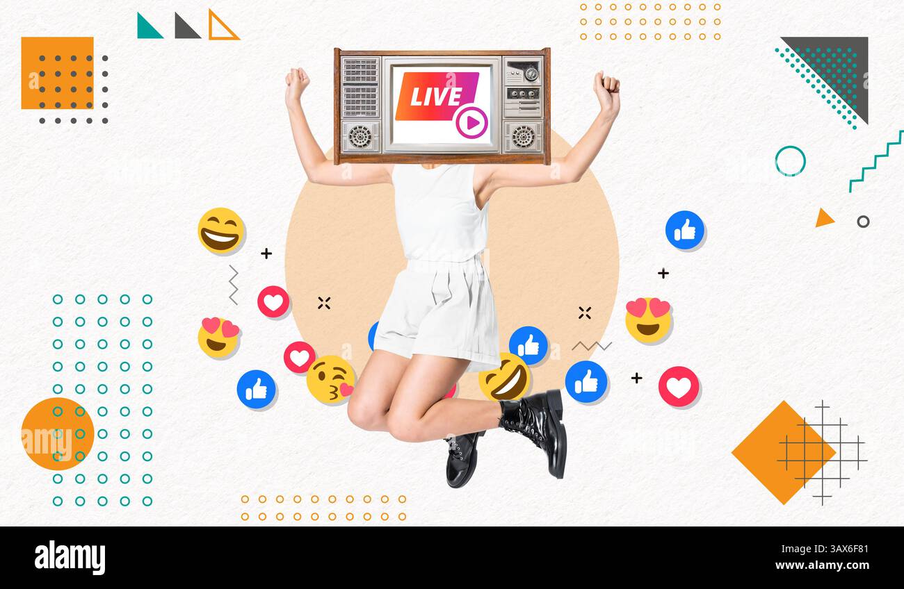 Girl or woman jumping and old tv instead of head with live icon, Video ...