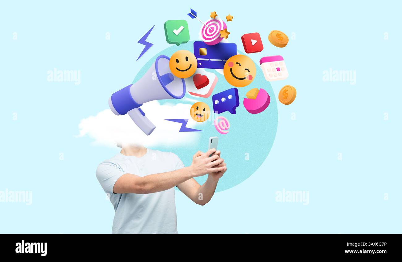 Man with white cloud engulfing him head standing and holding smartphone ...