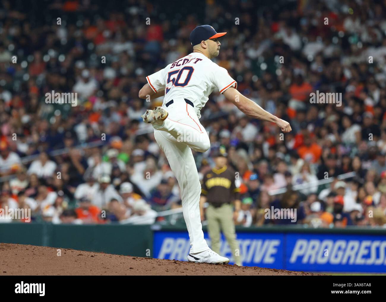HOUSTON, TX - APRIL 20: Houston Astros relief pitcher Tayler Scott (50) watches his pitch in the ...