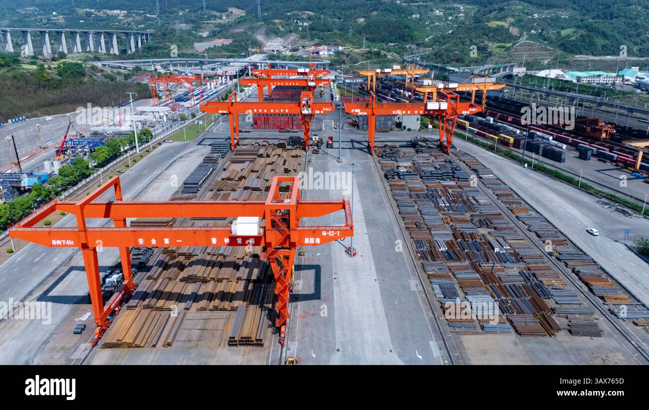 CHONGQING, CHINA - APRIL 20, 2025 - Steel piled up at Guoyuan Port in Chongqing, China on April ...