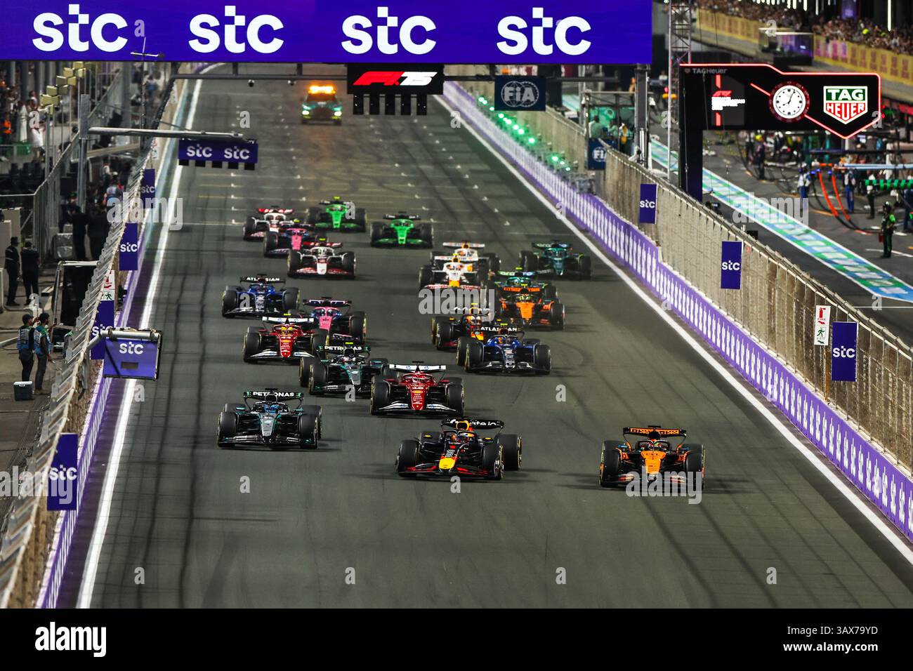 Jeddah, Saudi Arabia. 20th Apr, 2025. Race cars speed off from the ...