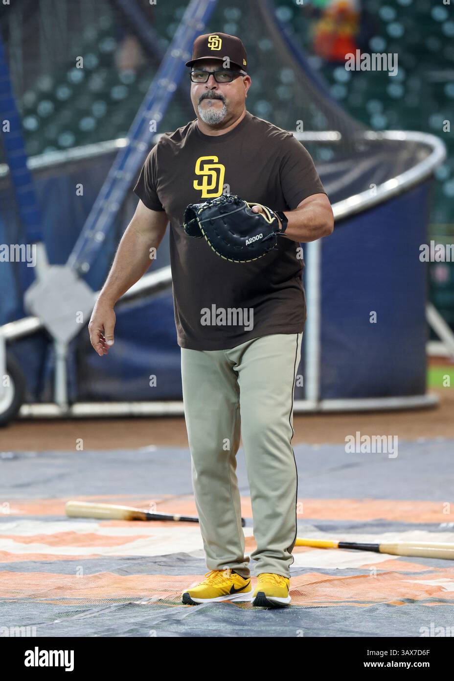 HOUSTON, TX - APRIL 20: San Diego Padres hitting coach Victor Rodríguez ...