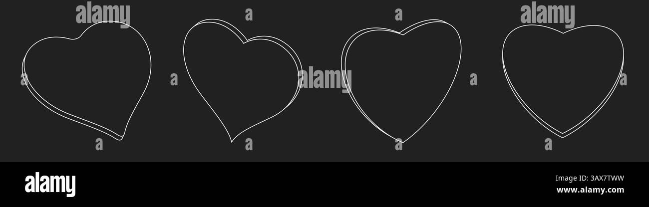 Four hearts drawn from different angles on a charcoal chalkboard. Flat ...