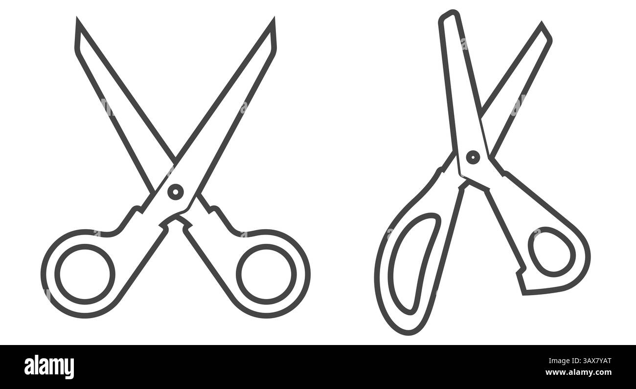 Simple and complex open straight scissors, line icon. Two pairs of ...