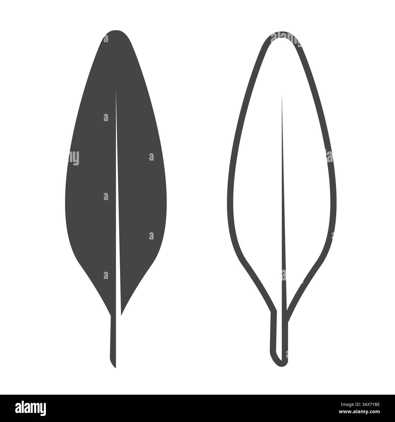 Two straight simple feathers, silhouette and outline. Bird feather ...
