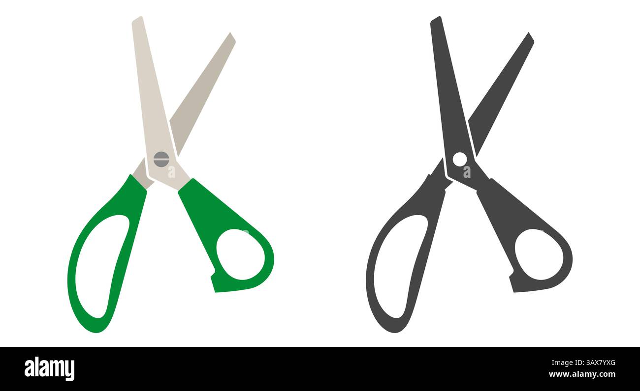 Complex straight scissors with a green handle and a black and white ...