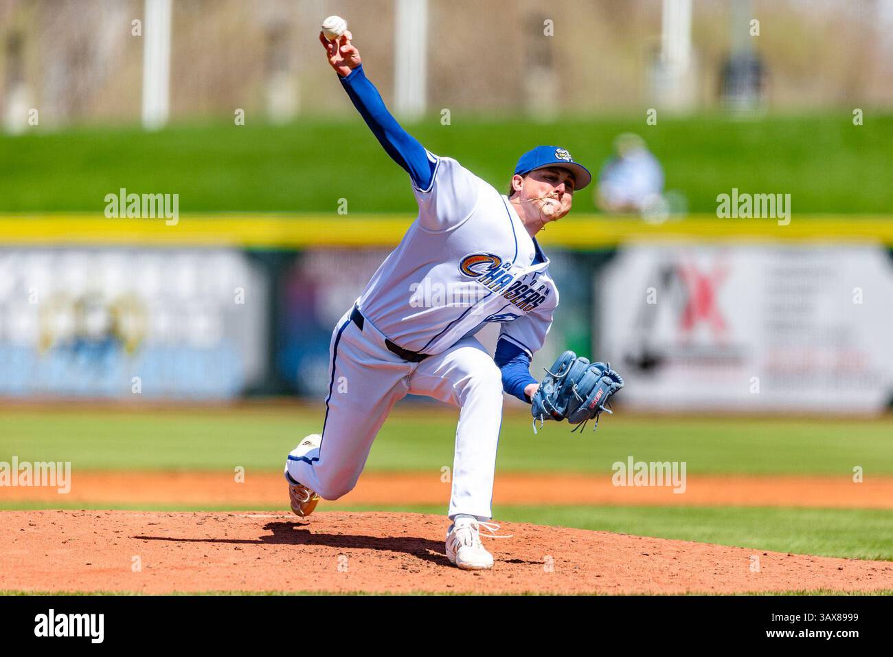 Omaha, NE U.S. 19th Apr, 2025. Omaha Storm Chasers relief pitcher Andrew Hoffmann (57) in action ...