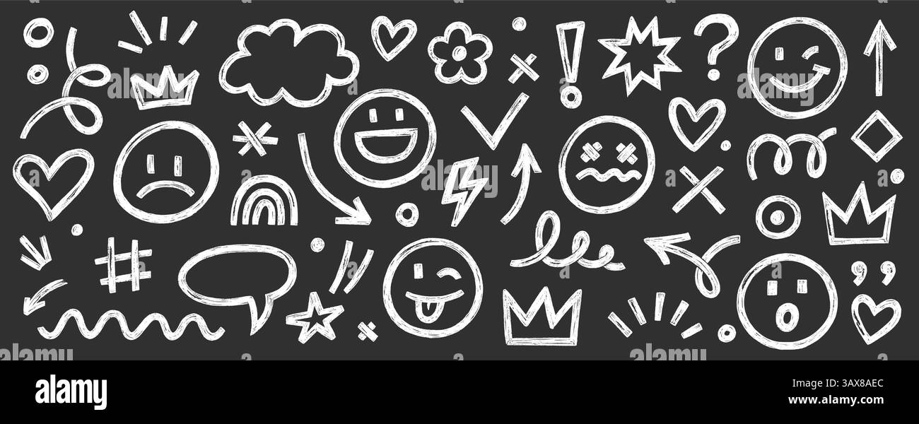 Smile brush hand drawn vector element set. Emoji fun face, heart, crown ...