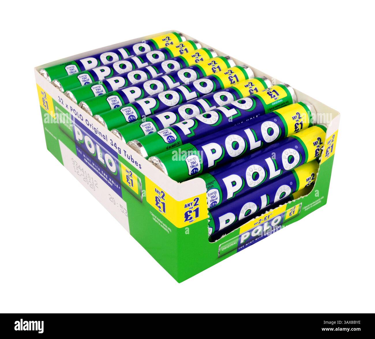 Retail box of 32 x 34g polo mints tubes manufactured by Nestle, polo ...