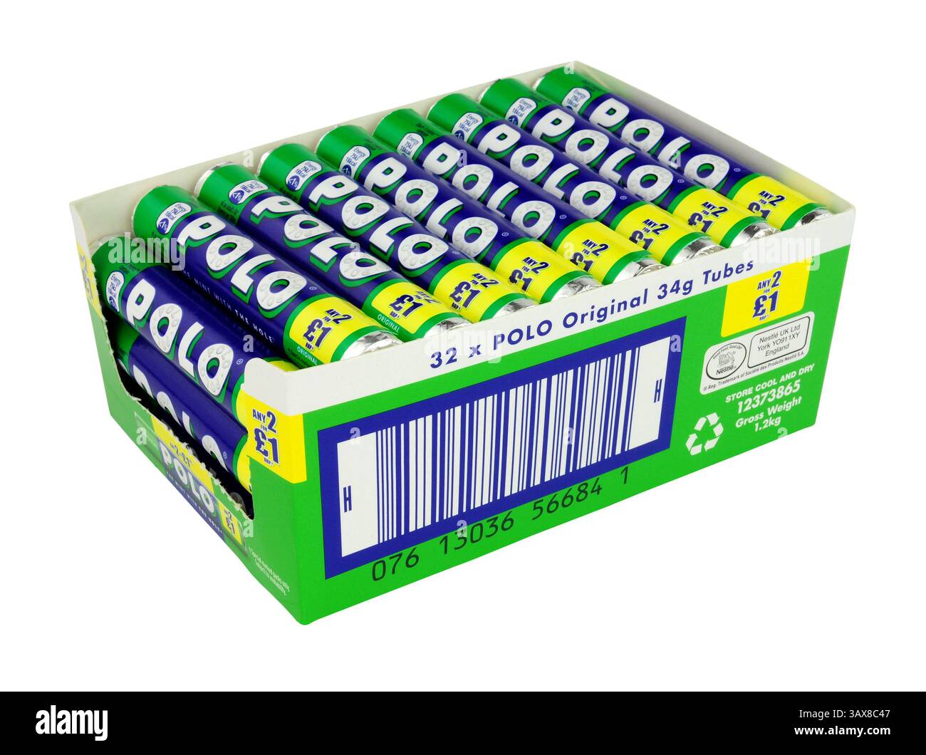 Retail box of 32 x 34g polo mints tubes manufactured by Nestle, polo ...