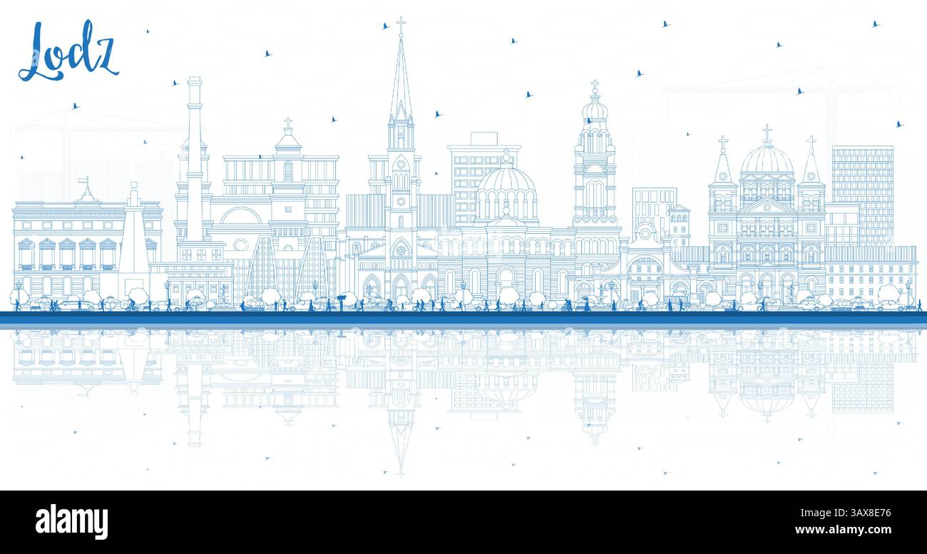 Outline Lodz Poland City Skyline with Blue Buildings and reflections ...