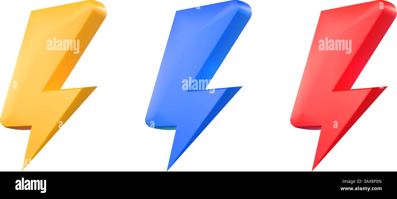 yellow, blue and red bolt lighting thunders. 3d lightning symbols ...