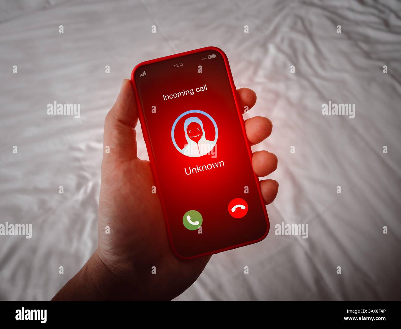 Scam call alert with red scammer icon as unknown caller, malicious phone calls concept. Unknown ...