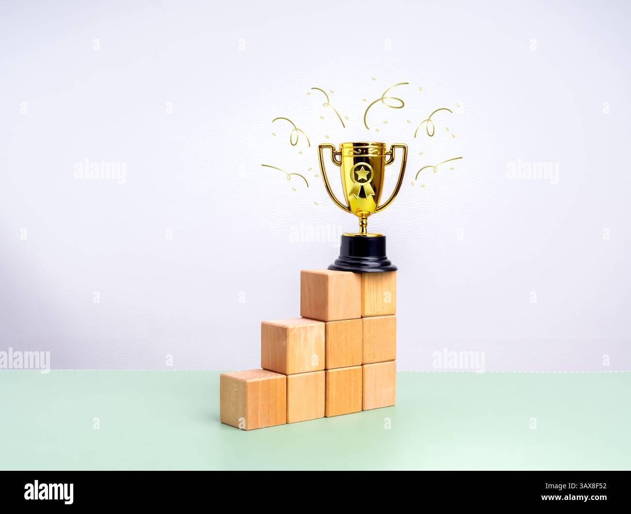 Gold star award trophy on top of wood cubes as bar graph chart steps on ...