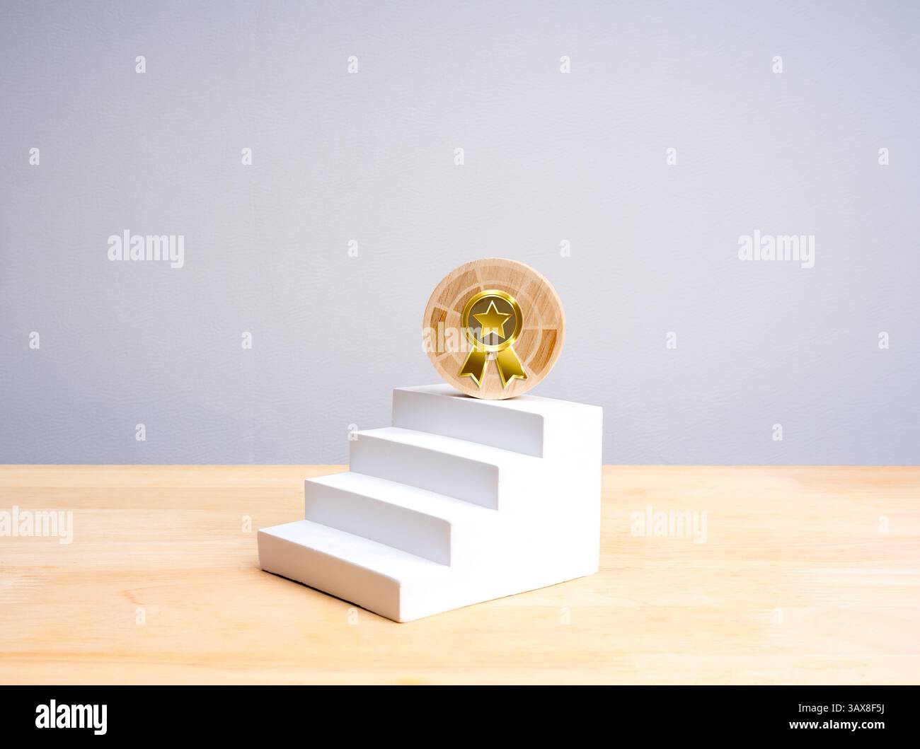 Gold prize award on round wood on top of white bar graph chart steps on ...
