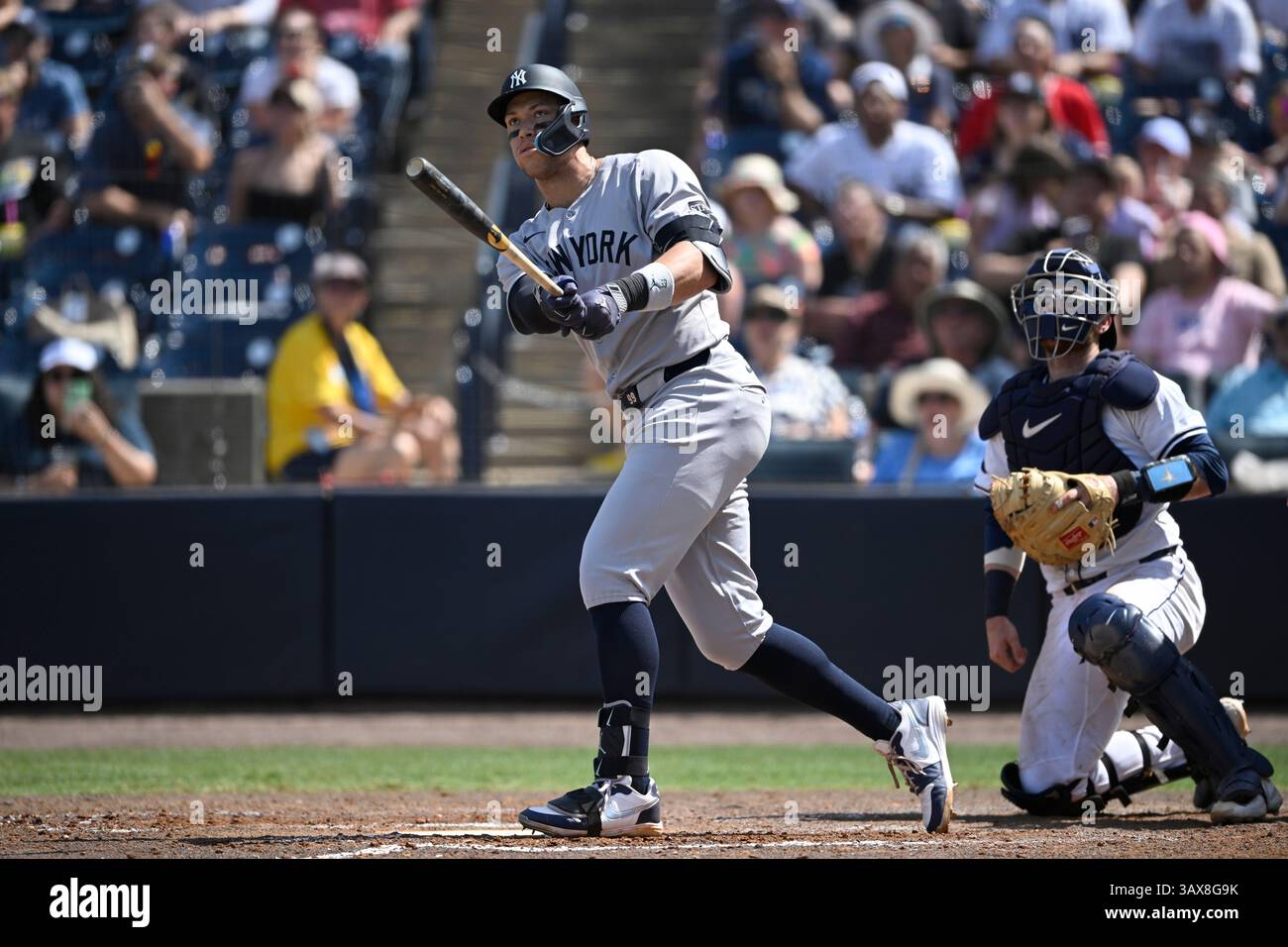 New York Yankees' Aaron Judge watches the flight of the ball as it is ...
