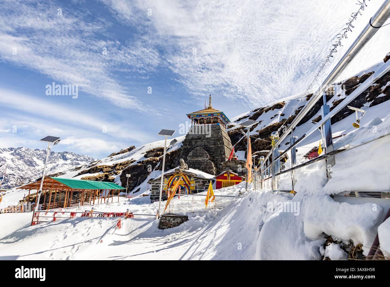 isolated ancient holy hindu temple in himalayan mountain range with ...