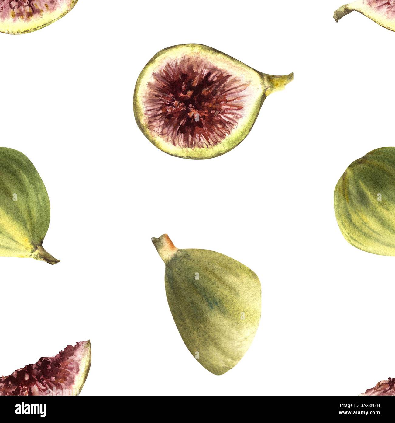 Figs seamless pattern Watercolor whole and sliced green purple fig ...