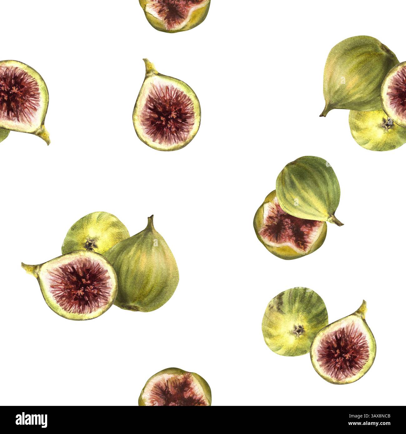 Figs fruit seamless pattern. Juicy sliced and whole green and purple ...