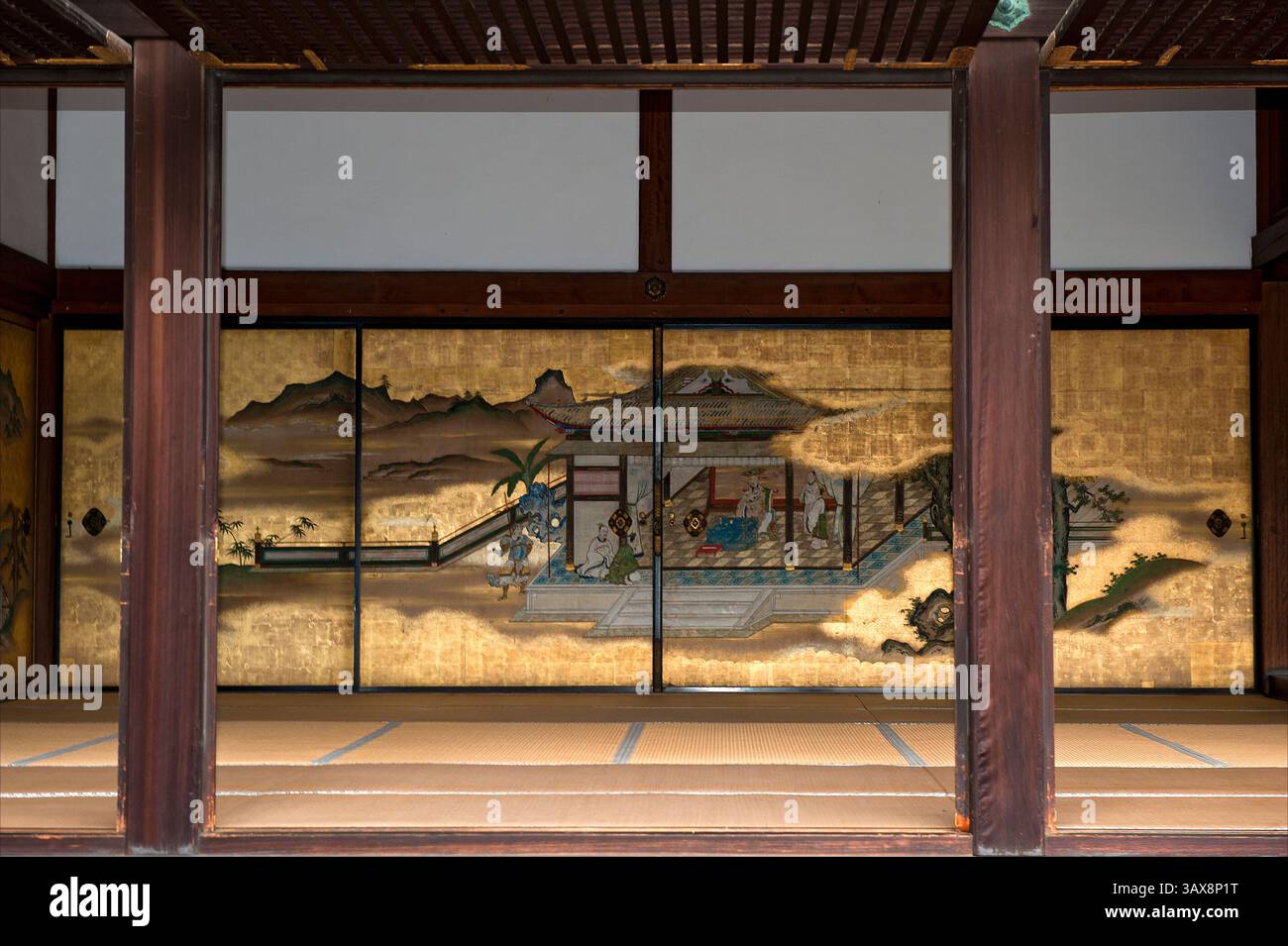 Fusuma (sliding door panels) artwork of the aristocratic lifestyle in the Gendan-no-ma interior ...