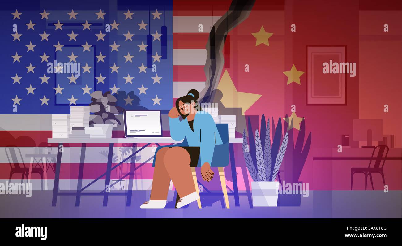 Trade war United States China businesswoman stressed office divided ...