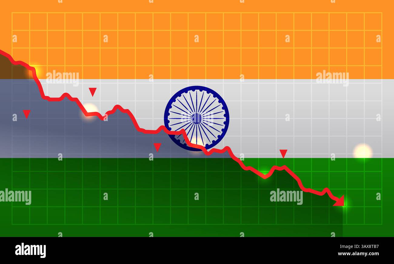 India flag trade war tariffs war economic decline red downward graph ...