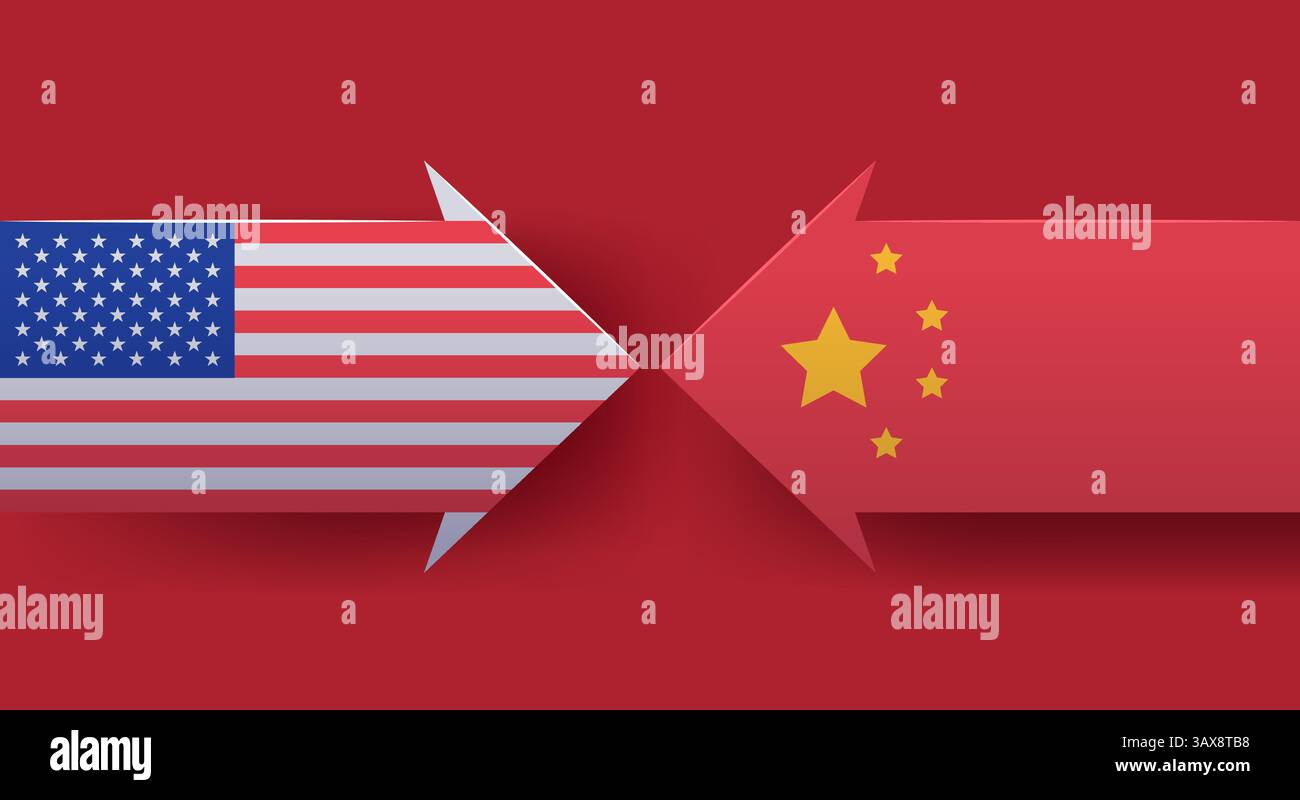 USA China trade war conflict arrows flags confrontation red background ...